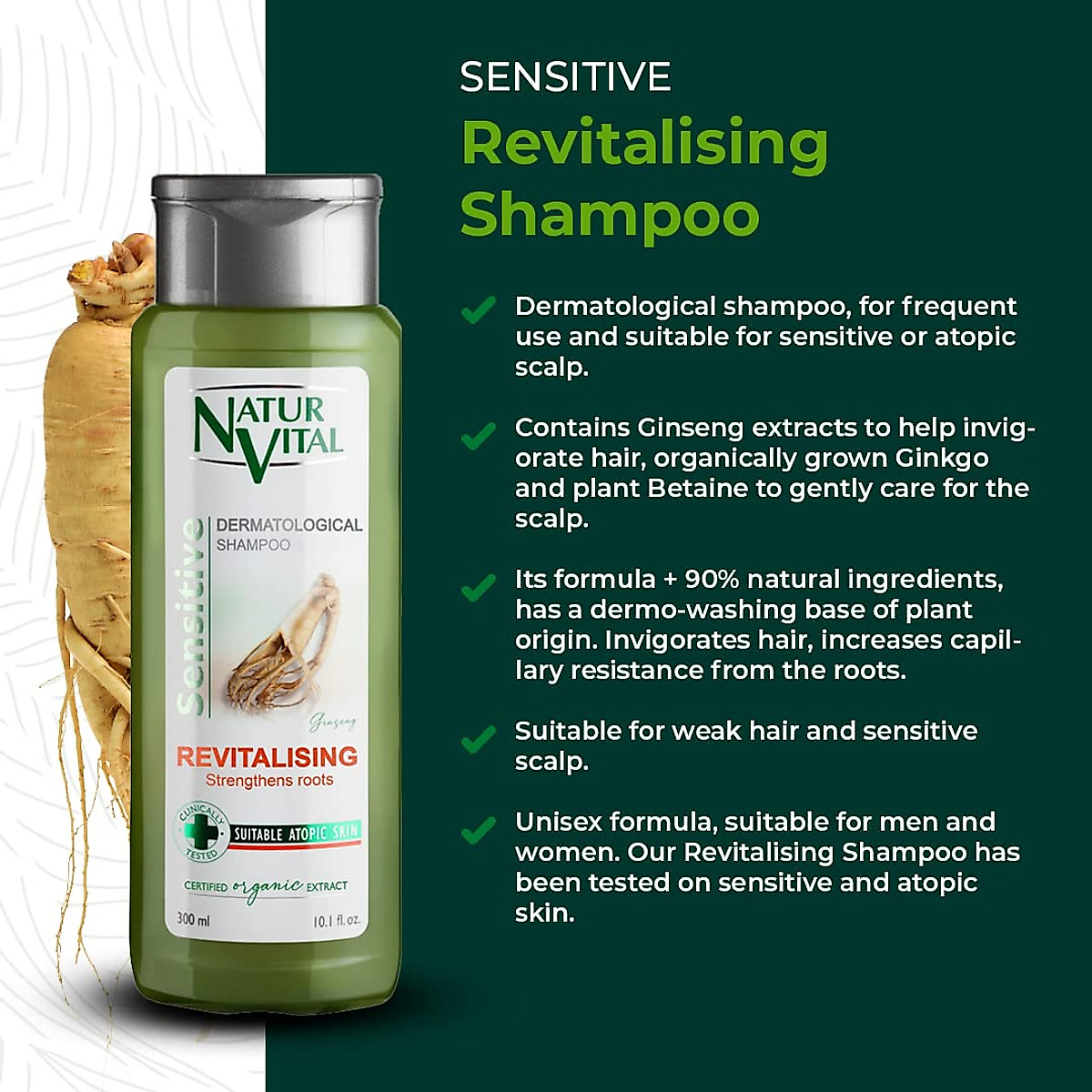 NaturVital Unisex Plant-based Ginseng & Ginger Hair Revitalizing Shampoo 300ml Natural & Organic