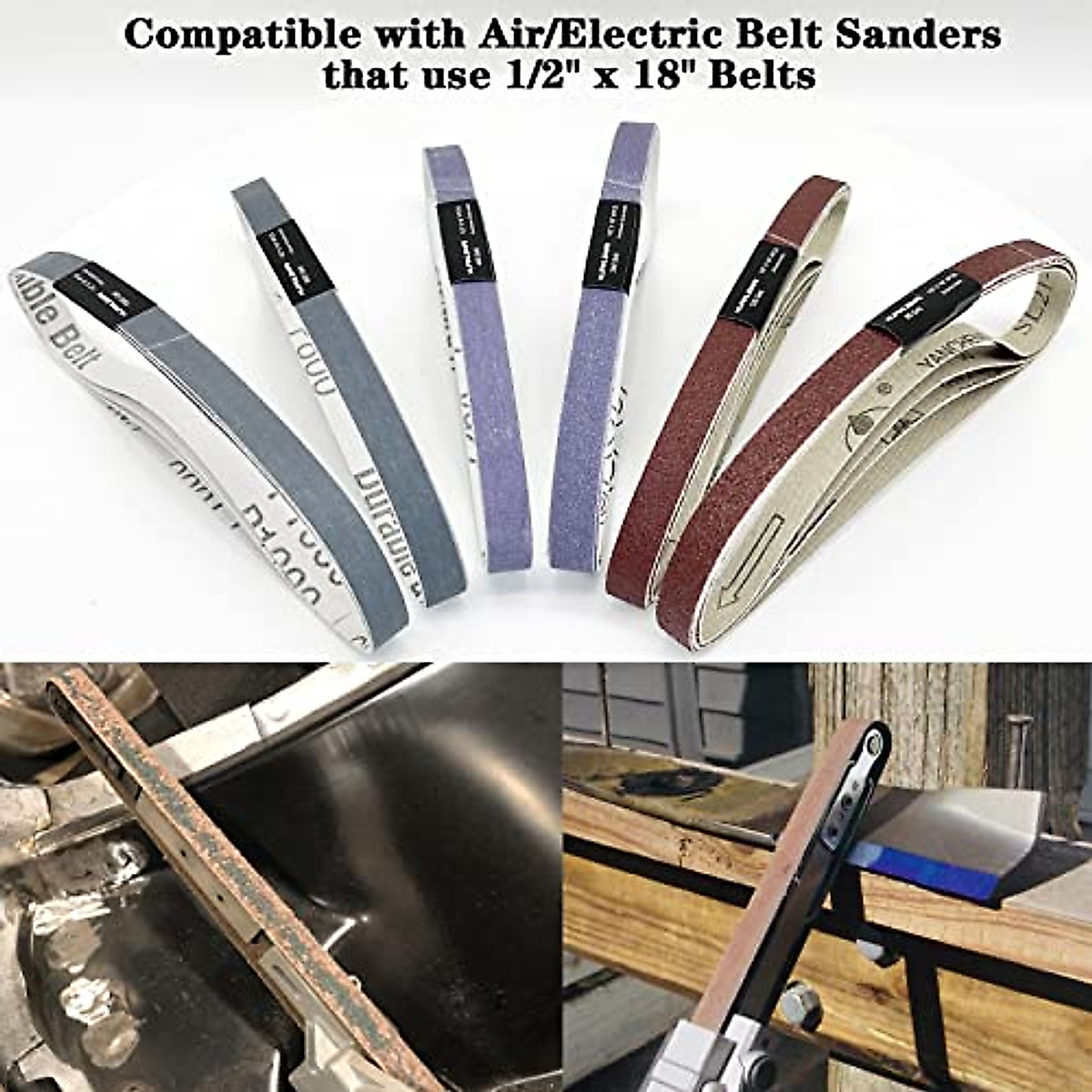 24 Pcs 1/2 Inch x 18 Inch Sanding Belts Set, 4 Each of 80 120 240 400 800 1000 Grits, Replacement Belts for Air/Electirc Belt Sander, Best for Woodworking, Plastics, Fiberglass and Metal Polishing