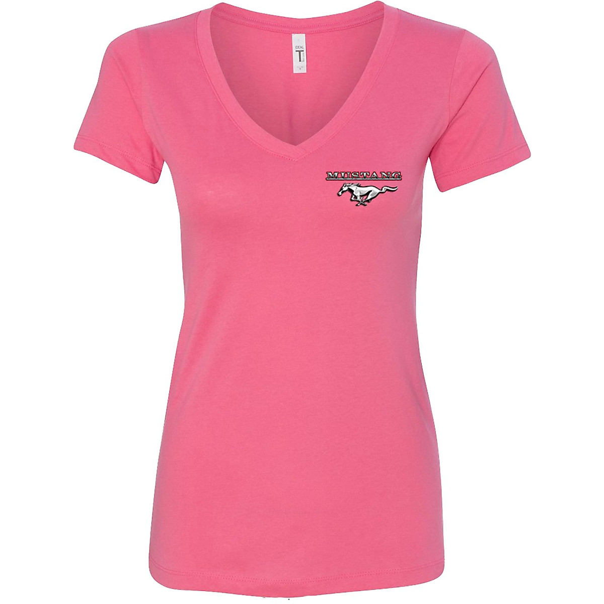 Ladies Ford Tee Mustang Pocket Print V-Neck Shirt, Hot Pink, XL