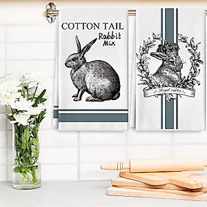 AnyDesign Easter Kitchen Towel Farmhouse Easter Rabbit Bunny Dish Towel Rustic Cotton Tail Rabbit Hand Drying Tea Towel for Spring Cooking Baking Cleaning Wipes, Set of 2, 18 x 28 Inch