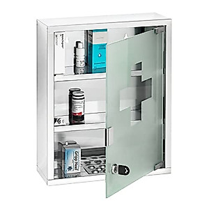 WENKO Medicine Cabinet with Lock, Wall mounted Bathroom Storage, Hanging Medical Cabinet, First Aid Wall Cabinet with Safety Glass Door, Modern, Medium, 11.8 x 15.7 x 4.7 in, Silver Shiny