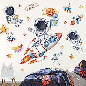 wondever Rocket Astronaut Wall Stickers Universe Space Planet Outer Space Peel and Stick Wall Art Decals for Baby Nursery Kids Bedroom Playroom