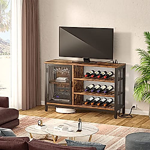 Homieasy Wine Bar Cabinet with Power Outlets, Industrial Coffee Bar Cabinet for Liquor and Glasses, Farmhouse Bar Cabinet with Removable Wine Racks, Rustic Brown