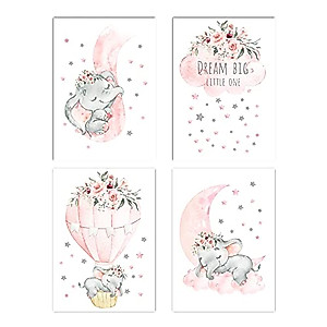 Canssape Pink Elephant Nursery Wall Decor Set of 4 Baby Girl Room Decor Elephant Wall Art Goodnight On A Hot Air Balloon |Dream big little one|(8x10in)(Unframed)