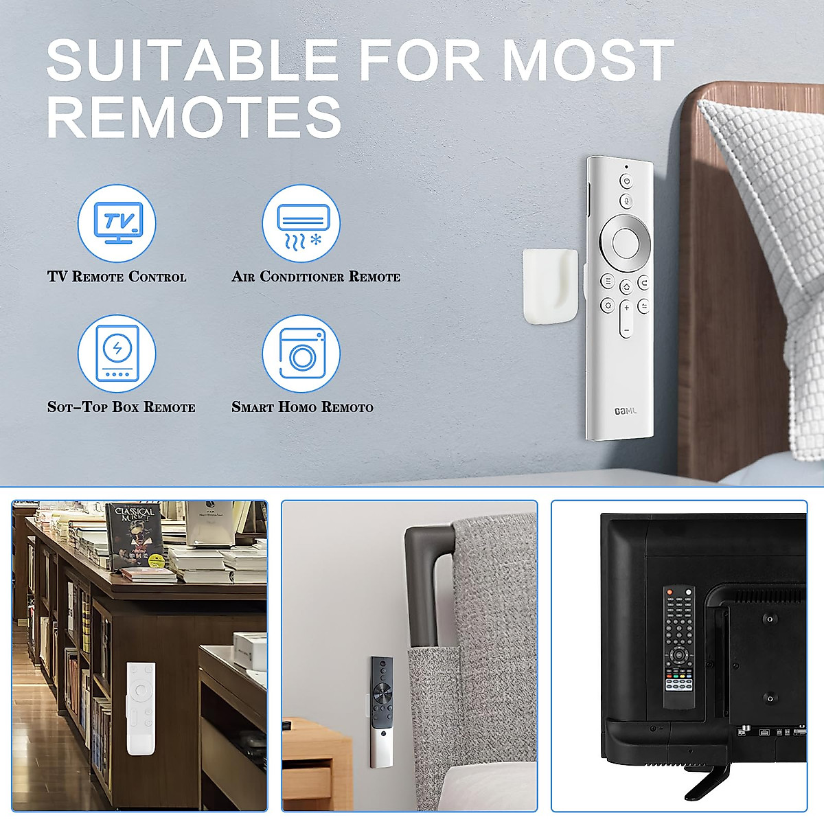 Grevosea 6 Pack Magnetic Remote Control Holder, Self Adhesive Remote Holder Wall Mount Remote Control Rack for Back of Tv Fan and Air Conditioner Remote Controls (White)