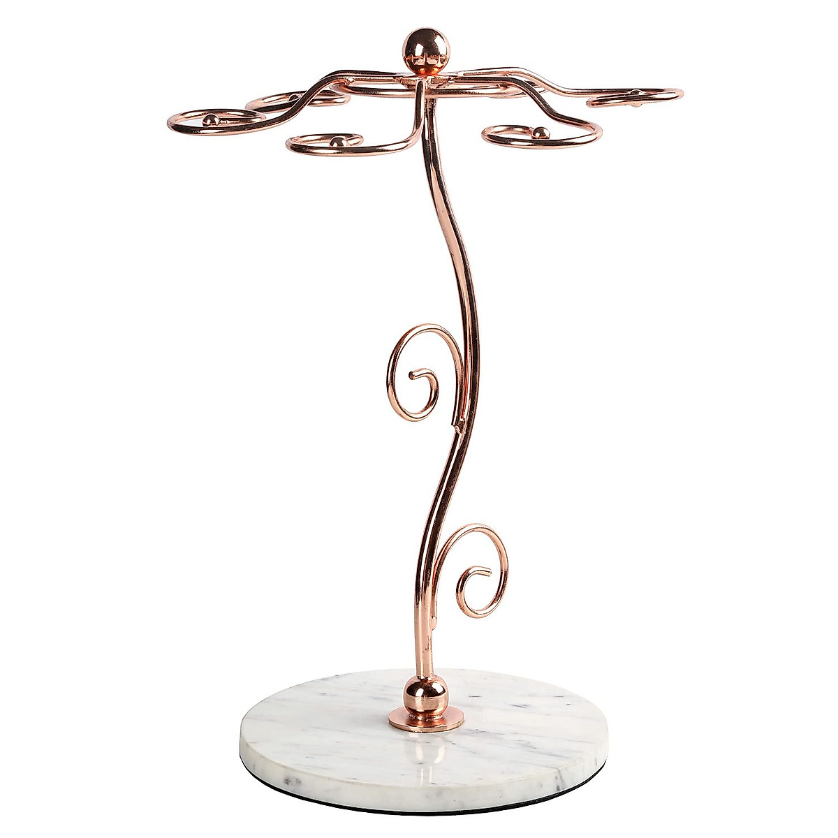 MyGift Countertop Wine Glasses Rack, Modern Copper Metal Wire Tabletop Stemware Holder Display Rack with White Marble Base