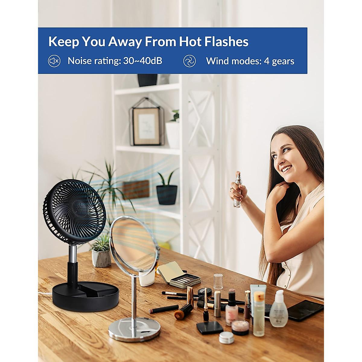 Primevolve Battery Operated Portable Standing Fan, Rechargeable USB Personal Floor Fan with Adjustable Height Black