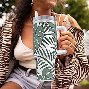 Xiexide 40oz Rustproof Outdoor Green Botanical Palms Leaves Double Walled Vacuum Insulatedith Handle And Straw,Hot & Cold Drinks