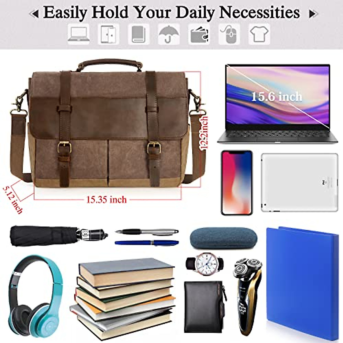 Messenger Bag for Men 15.6 Inch Waterproof Large Satchel Bag Vintage Genuine Leather Waxed Canvas Laptop Briefcase Rugged Leather Computer Shoulder Work Bag Brown