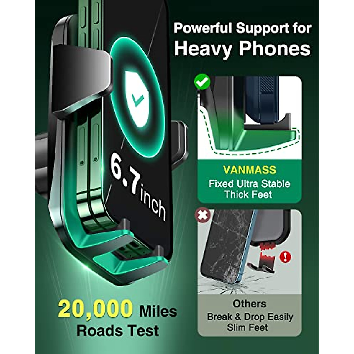 VANMASS Universal Car Phone Mount,【Patent & Safety Certs】 Upgraded Handsfree Dashboard Stand, Phone Holder for Car Windshield Vent, Compatible iPhone 14 13 12 11 Pro Max Xs XR X, Galaxy (Green)