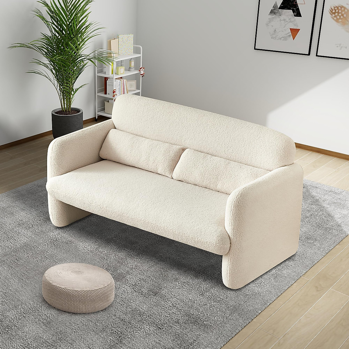 VASOENY 59.06'' Loveseat Sofa, 2 Seater Sherpa Lamb Fabric Love Seat Couch, Comfy Upholstered Modern Leisure Loveseat Couches with 2 Waist Pillow for Bedroom, Office, Living Room