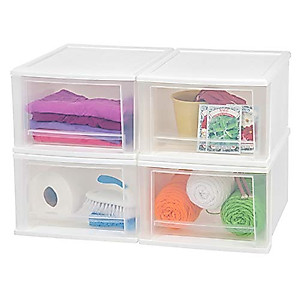 IRIS USA 17 Qt. Plastic Stackable Storage Drawers, Medium, 4 Pack, Multi-Purpose Bins for Bedroom, Bathroom, Closet, Dorm, Craft Room, Garage, Nursery, Office, Under Sink, White