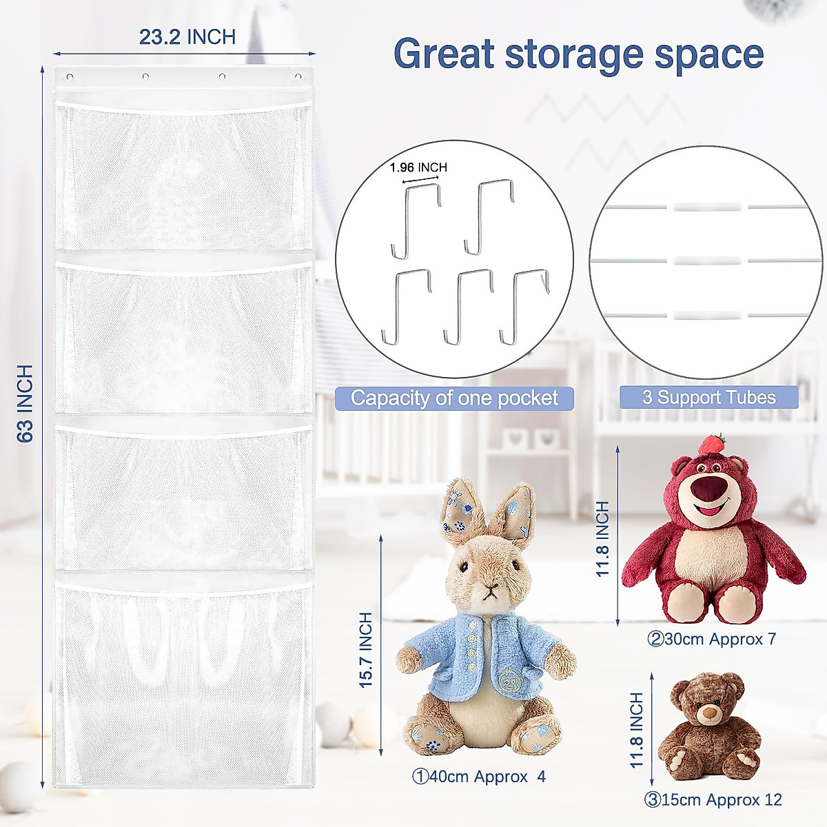 Woodoulogy Hanging Stuffed Animal Storage, Over Door Large Plush Toy Organizer with Metal Hook, Baby Accessory Holder Idea for Nursery, Doll & Bear Mesh Hammock Bag for Girl Boy Kid Room