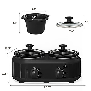 Double Slow Cooker Buffet Server and Warmers, Small Slow Cooker with 3 Individual Adjustable Temp, Dishwasher Safe Dual Ceramic Pots, Total 2.5 Quarts, Black
