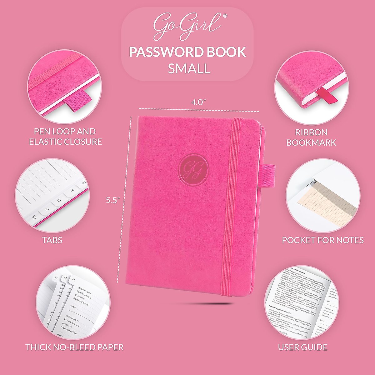 GoGirl Password Book with Alphabetical tabs - Internet Address & Password Keeper Logbook for Password Organization. Journal Notebook for Saving Website Logins Pocket Size 4.0"x5.5", Hot Pink
