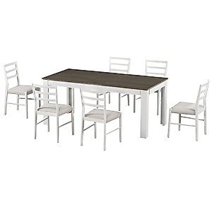 LUMISOL Extendable Kitchen Table Set with Chairs for 6 Persons, Wood Dining Room Table Set with Extendable Table with Storage Drawers, 7 Piece Dining Furniture Set, Brown + White