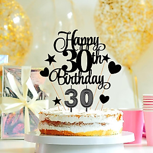30th Birthday Cake Decorations Set Include 30th Birthday Candles Numeral 30 Cake Candles and Happy 30th Birthday Cake Toppers with Heart Star Cupcake Picks for Birthday Party (Black Series)