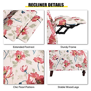 Consofa Wing Back Recliner Chair, Traditional Push Back Recliner Chair with Padded Seat, Upholstered Tufted Fabric Wingback Chair with Wooden Legs, Floral Accent Chairs for Living Room