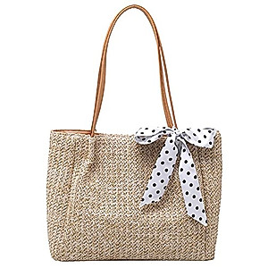 Obosoyo Straw Bags for Women Beach Bags Bowknot Shoulder Bags Straw Purse Summer Woven Bags (Beige White)
