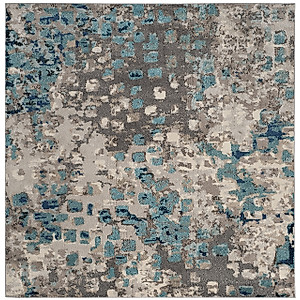 SAFAVIEH Monaco Collection Area Rug - 3' Square, Grey & Light Blue, Boho Chic Abstract Watercolor Design, Non-Shedding & Easy Care, Ideal for High Traffic Areas in Living Room, Bedroom (MNC225E)