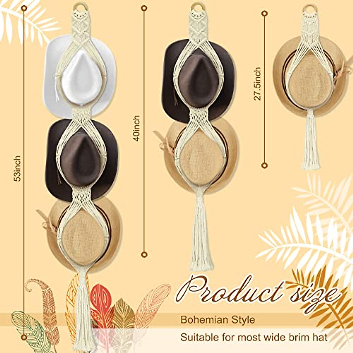 Tondiamo 3 Pieces Boho Hat Hangers Macrame Hat Organizer Wall Hanging Cowboy Hat Rack Decorative Hand Weaving Hat Holder Organizer for Wide Brim and Fedoras Sun Hat Baseball Caps Display, 3 Styles