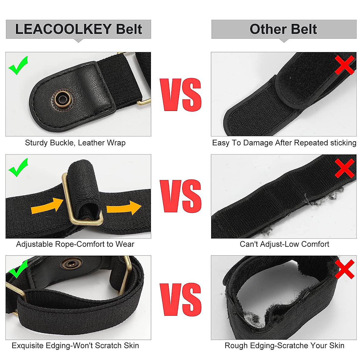 LEACOOLKEY No Buckle Stretch Belt for Women/Men—2 Pack Elastic Invisible Belt for Jeans (A-black+black, Fits 2 loop size 7"-14")