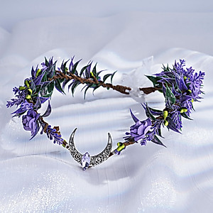 MOSTORY Purple Moon Flower Crown - Handmade Floral Fairy Headpiece Woodland Elven Circlet Forest Wreath for Women Girls Wedding Renaissance Party Cosplay Photo Shoot
