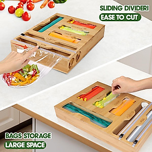 HEROPIE 6 IN1 Bamboo Foil and Plastic Wrap Dispenser with Cutter for Kitchen Drawer, Storage Bag Organizer, Compatible with Gallon, Quart, Sandwich and Snack Variety Size Bags (Bamboo)