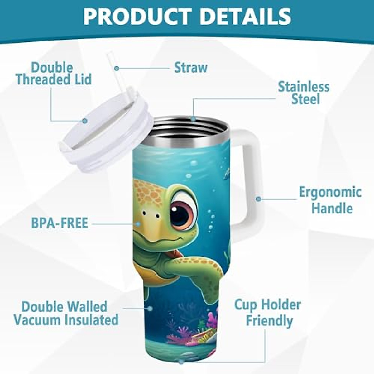 Maunzc 30 oz Tumbler with Handle and Straw, Insulated Stainless Steel Travel Mug with Lid for Coffee, Iced Tea, Water, Gift for Men Women (Cartoon Swimming Turtle)