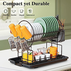 Z&L HOUSE 2-Tier Dish Drying Rack, Space Saving Metals Dish Dryer Rack with Drainboard, Small Dish Racks for Kitchen Counter with Cup Holder Utensil Holder Black
