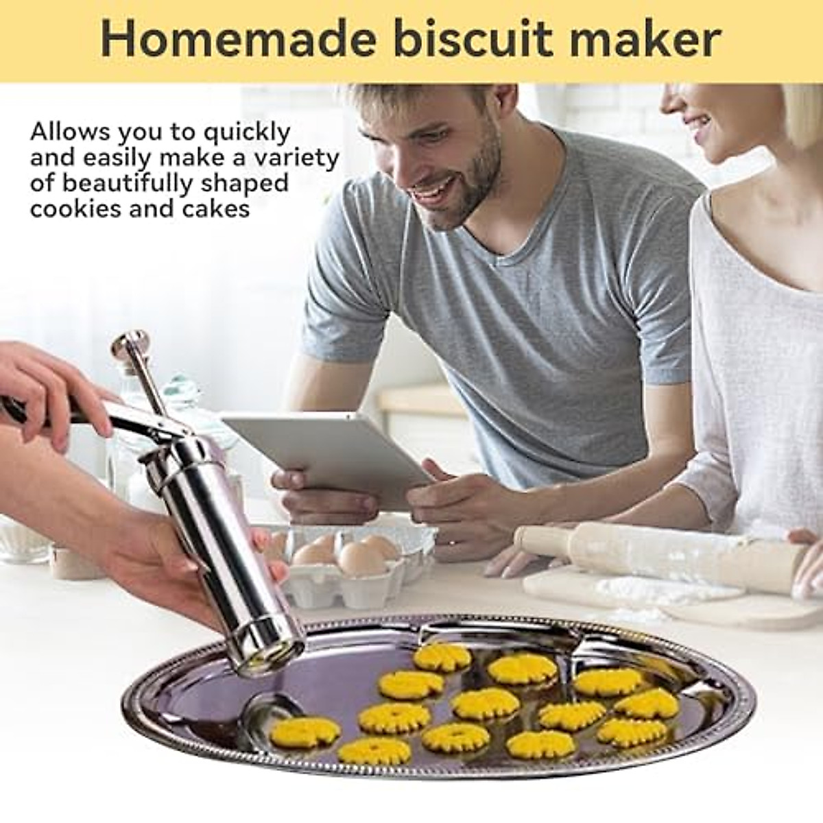 Cookie Press, Stainless Steel Churro Maker Machine Biscuit Press Cookie Gun Set with 20 Decorative Molds and 4 Nozzles for DIY Biscuit Maker 8.27 x 6.10in Cookie Press Machine Cookie Press Gun