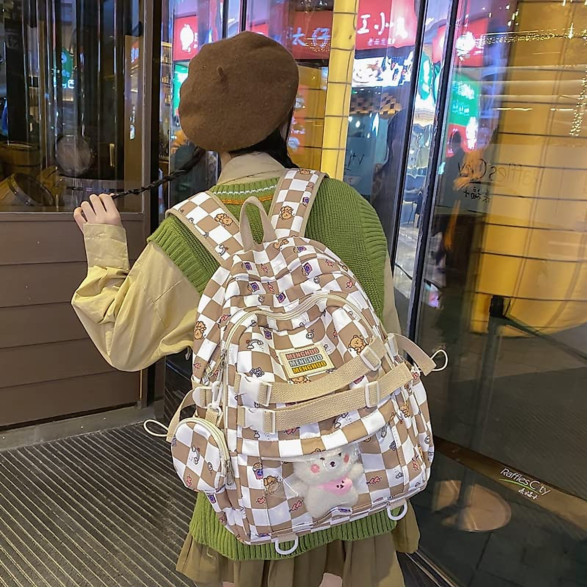 Lokkcy Cute Kawaii Backpack for Teen Girls with Doll,Fashion Plaid Backpack for School checkerboard backpack. (Khaki)