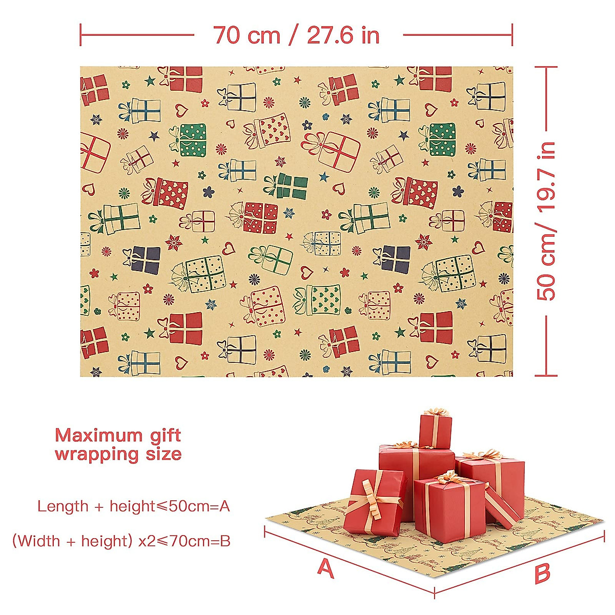 BOENFU Christmas Wrapping Paper, 8 Sheets Recyclable Kraft Paper for Xmas, 70x50CM in Folded Gift Wrap Paper