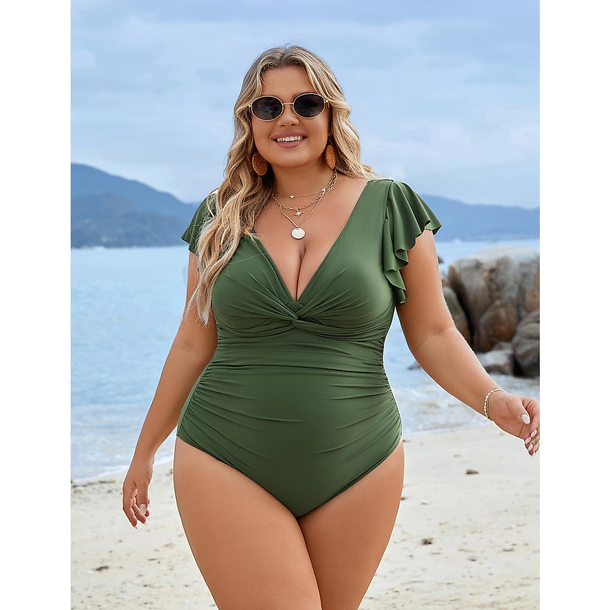 Blooming Jelly Women One Piece Swimsuits Plus Size Tummy Control Bathing Suit Curvy Over 50 Swim Suits (L, Green)