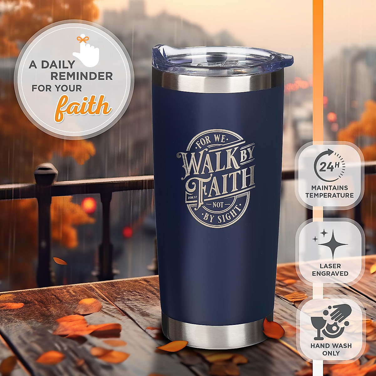 Christian Art Gifts Large Travel Tumbler for Men & Women Stainless Steel Vacuum Insulated Inspirational Scripture: Walk by Faith, Retractable Lid, Navy Blue, 18 oz.