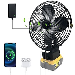 byczone Portable Cordless Fan for Dewalt 20v Battery, Cordless Works Fan Battery Powered Fan,20W 3500RPM Brushless Motor Fan with Low Voltage Protection,USBPort for Industrial,Outdoor(No Battery)