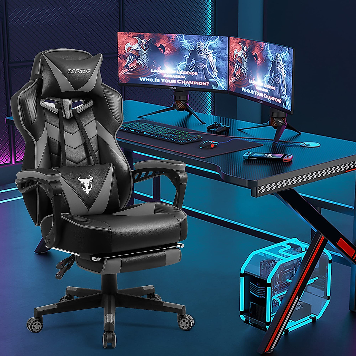 Zeanus Gaming Chairs for Adults Ergonomic Computer Chair with Footrest Gamer Chair with Massage Recliner PC Gaming Chair Home Office Desk Chair Big and Tall Racing Chair Lumbar Support Grey