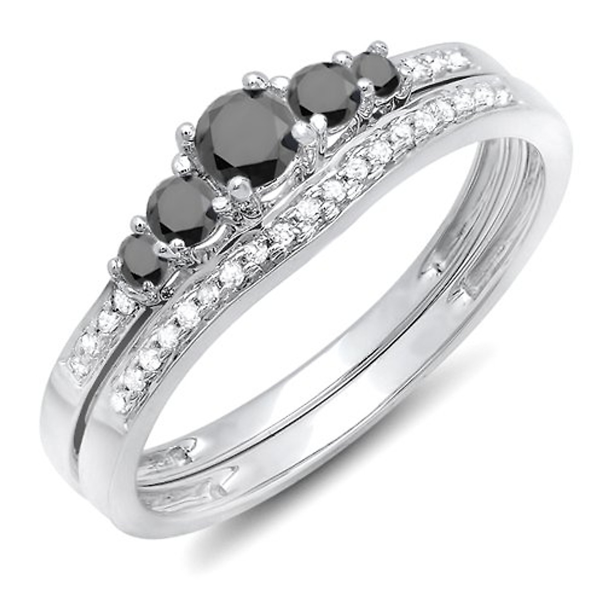 Dazzlingrock Collection 0.45 Carat (ctw) 10k Black & White Diamond Ladies 5 Stone Engagement Ring Set, White Gold, Size 7
