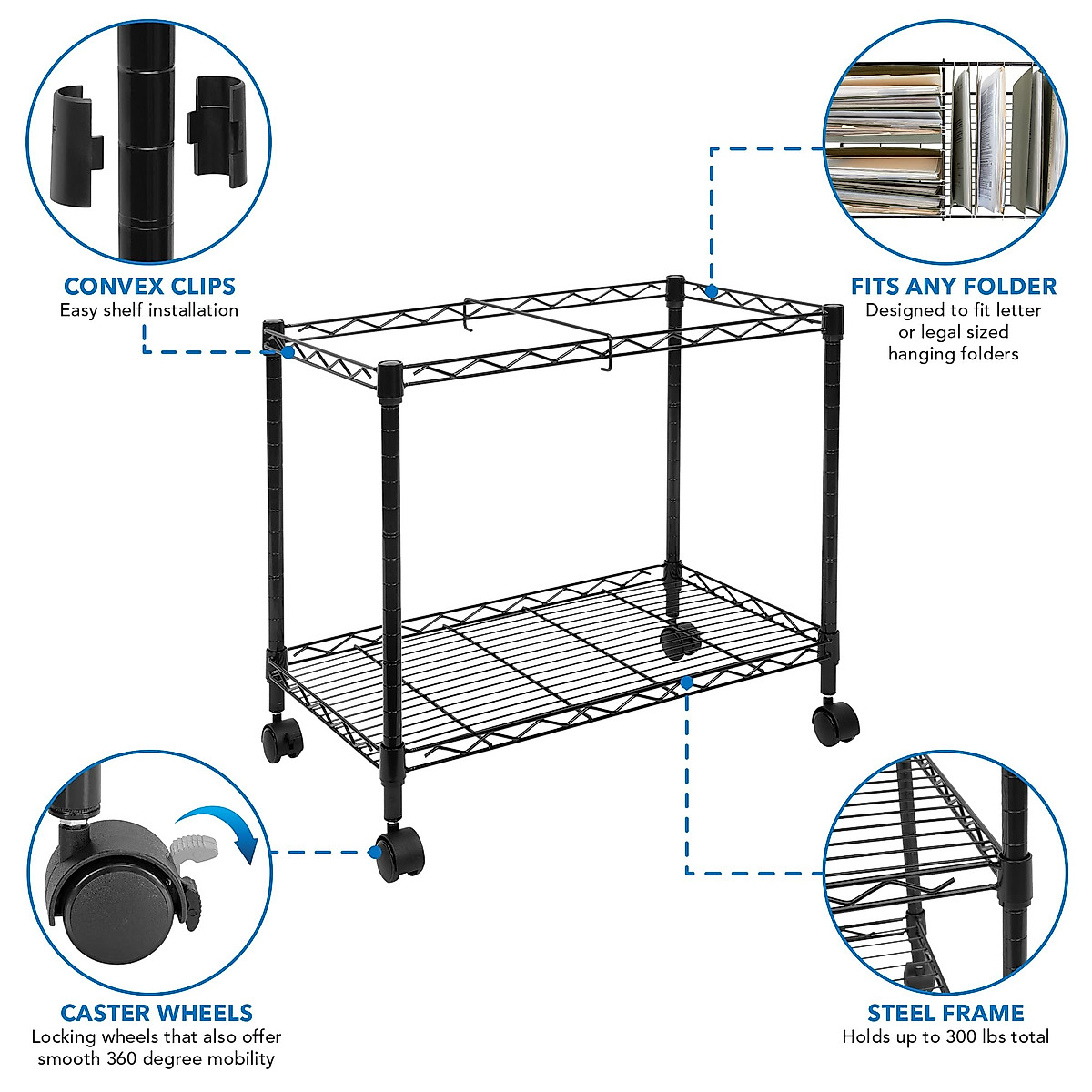 Mount-It! Rolling File Cart with Wheels | Mobile Hanging File Folder Rack | Single Tier with Storage Rack and Locking Casters | Fits Letter and Legal Size Filing Folders | 23" W x 13.5" D x 20" H