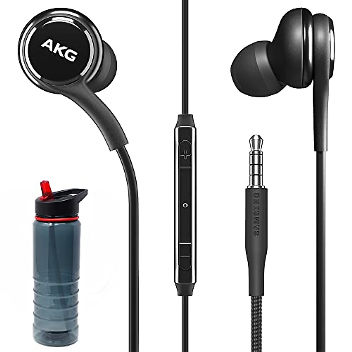 SAMSUNG AKG Wired Earbuds Original 3.5mm in-Ear Earbud Headphones with Remote & Microphone for Music, Phone Calls, Work - Noise Isolating Deep Bass, Includes Sports Water Bottle - Black