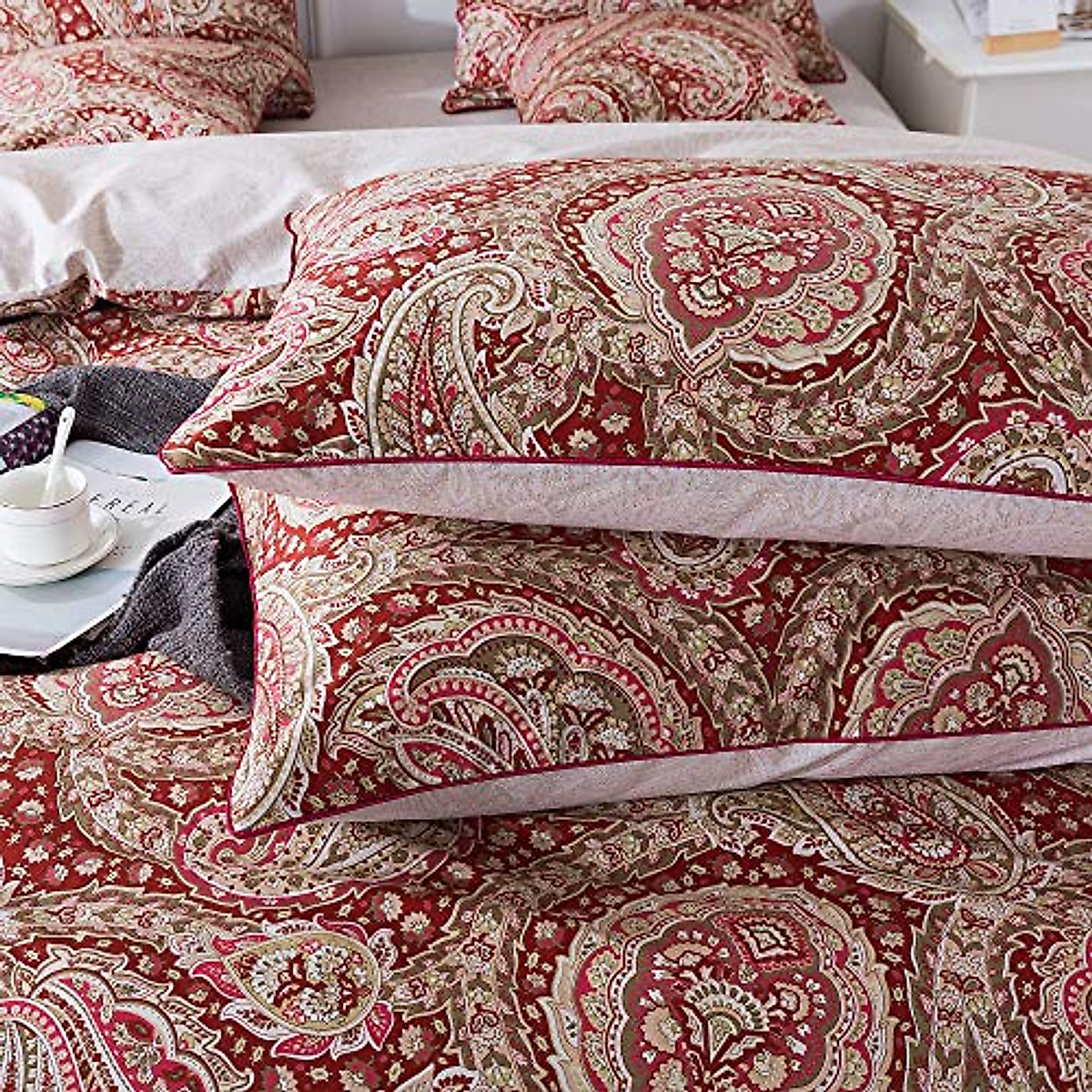 FADFAY Paisley Duvet Cover Set 100% Cotton Ultra Soft Red and Beige Reversible Paisley Bedding Set with Hidden Zipper Closure 3 Pieces, 1Duvet Cover & 2Pillowcases, King/California King Size