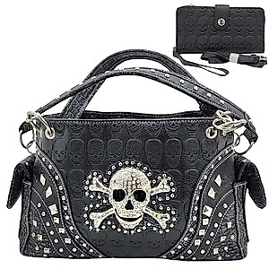 R2N fashions Rhinestone Skull Western Concealed Carry Handbag and wallet set (Black embossed)