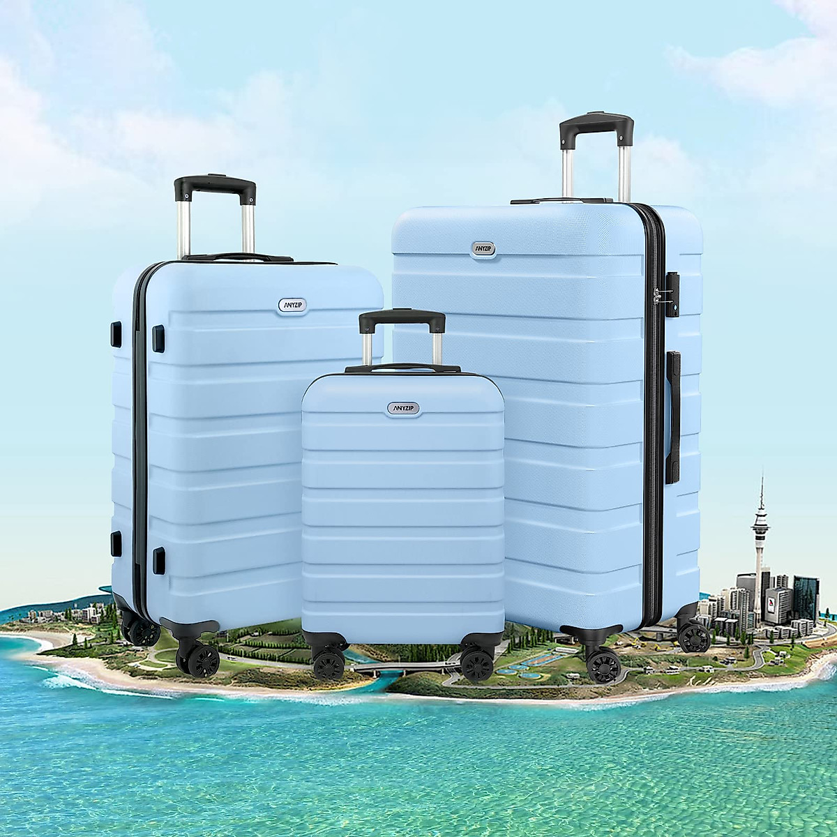 AnyZip Luggage Sets 3 Piece PC ABS Hardside Lightweight Suitcase with 4 Universal Wheels TSA Lock Carry On 20 24 28 Inch Light Blue
