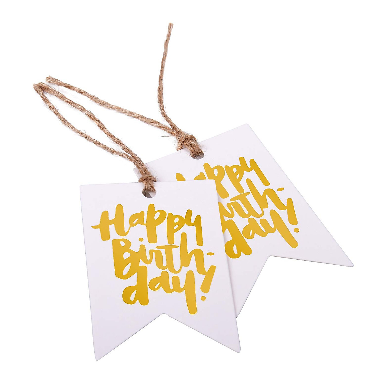WRAPAHOLIC Gift Tags with String - 100PCS White Kraft Happy Birthday Paper Tags with 100 Feet Natural Jute Twine for Wedding, Baby Shower, Party Favors