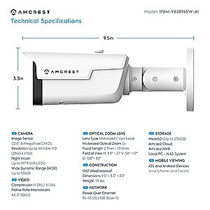 Amcrest 4K Optical Zoom AI IP PoE Camera, Varifocal 8MP Outdoor IP POE Camera Bullet, Face Detection, Human & Vehicle Detection, 2.7mm~13.5mm Lens, IP67, 5X Optical Zoom, (IP8M-VB2896EW-AI)