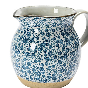 Creative Co-Op Hand-Painted Country-Style Stoneware Floral Print Pitcher, 6.25", Blue & White