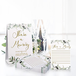 50 Pcs Share a Memory Cards and Greenery Place Cards Seating Place Cards Greenery Eucalyptus for Graduation, Wedding, Bridal Shower, Birthday Party, Celebration Anniversary, Funeral (Gold Font)