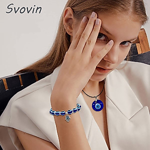 Svovin 23 Pieces Evil Eye Necklace Pendant for Women Men Turkish Lucky Blue Eyes Amulet Leather Rope Evil Eyes Earrings Bracelets Jewelry Set