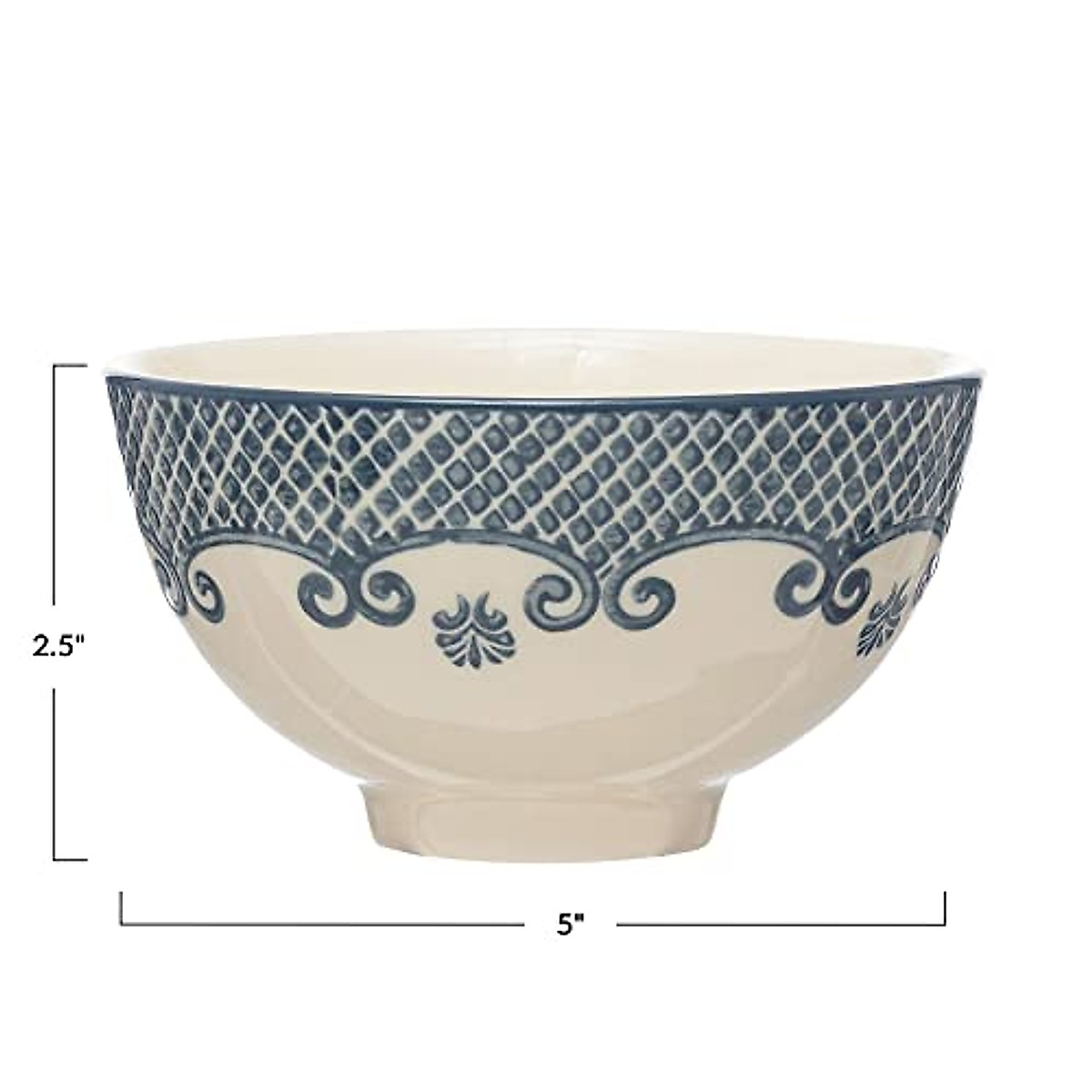 Creative Co-Op Hand Stamped Stoneware Bowl with Pattern, Cream and Blue, Set of 4 Serveware, 5"L x 5"W x 3"H, Blue & Cream