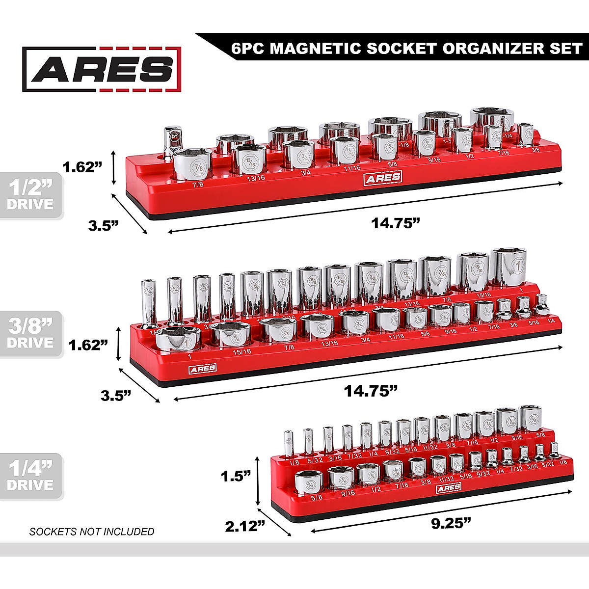 ARES 60058-6-Pack Set Metric and SAE Magnetic Socket Organizers -Blue and Red -1/4 in, 3/8 in, 1/2 in Socket Holders -143 Pieces of Standard (Shallow) and Deep Sockets -Organize Your Tool Box